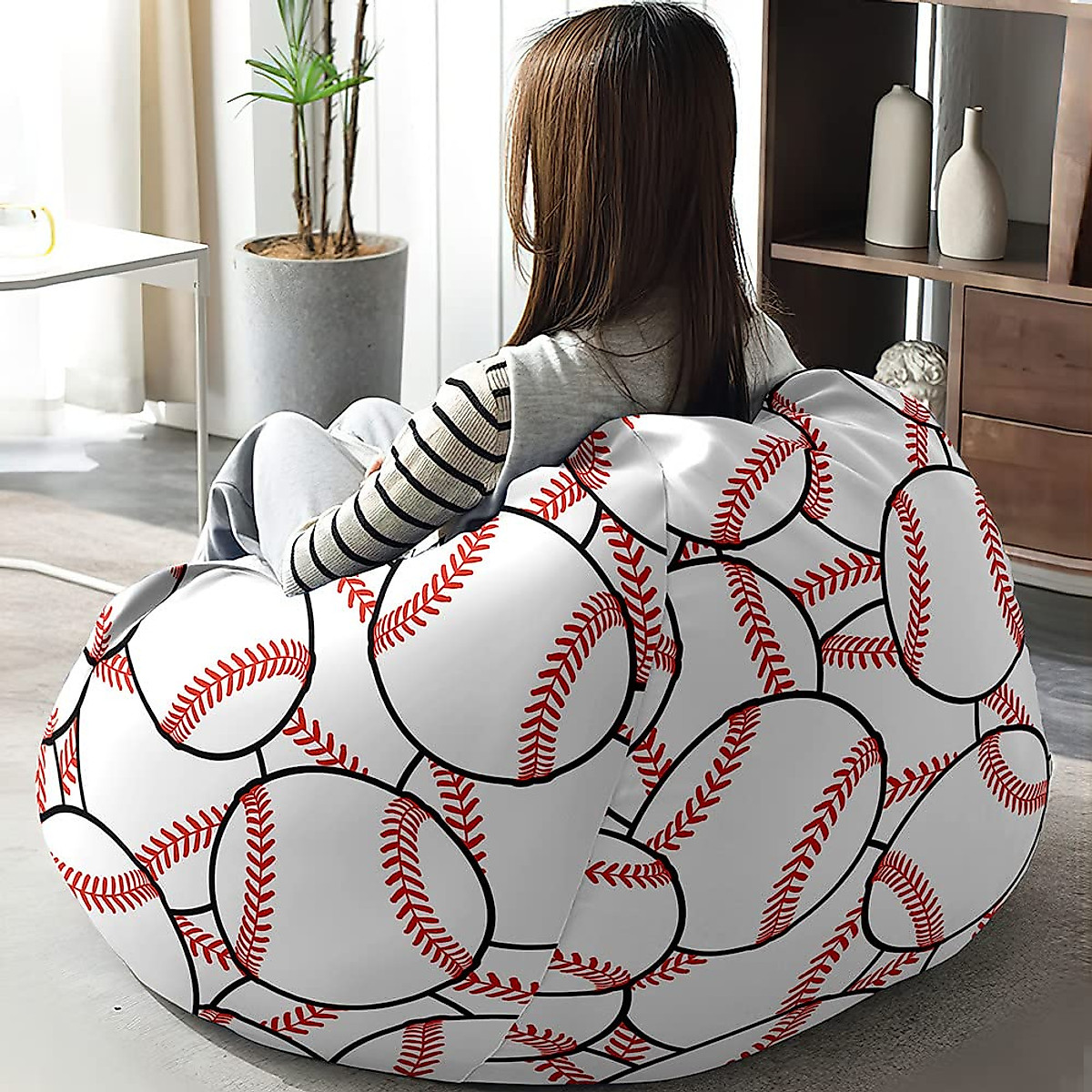 Lukery 3D Baseball Stuffed Animal Storage Bean Bag Chair Cover for Kids and Adults, Stuffable Beanbag (No Filler) Living Room Washable Bean Bag Lazy Sofa (XL/39.4x47.2'',White)