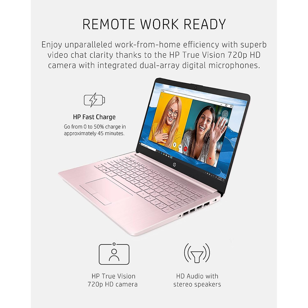 HP Premium 14-inch HD Thin and Light Laptop, Intel Quad-Core Processor, Long Battery Life, Webcam, Bluetooth, Wi-Fi, Portable SSD (8GB RAM | 320GB Storage, Pink)
