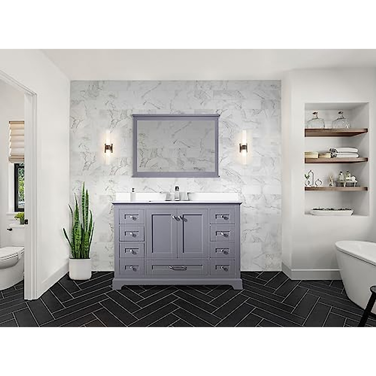Lexora Dukes 48 in. W x 22 in. D Dark Grey Single Bath Vanity, White Quartz Top, White Square Sink, and 46 in. Mirror