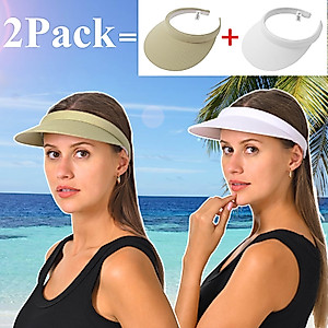 2 Pack Sun Visor Hats Womens Men Clip On Summer Visors Adjustable UV Protection Wide Brim Outdoor Golf Tennis Beach Sports Cap (White & Khaki)