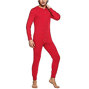 HOTOUCH Round Neck Long Sleeve Onesie Pajamas Solid Button Down Jumpsuit Bodysuit Red XL