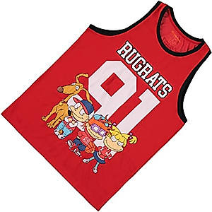 Nickelodeon Mens 90's Classic Tank - Rugrats Jersey - Reptar, Tommy, Chuckie & Phil Tanktop (Red Black, Large)