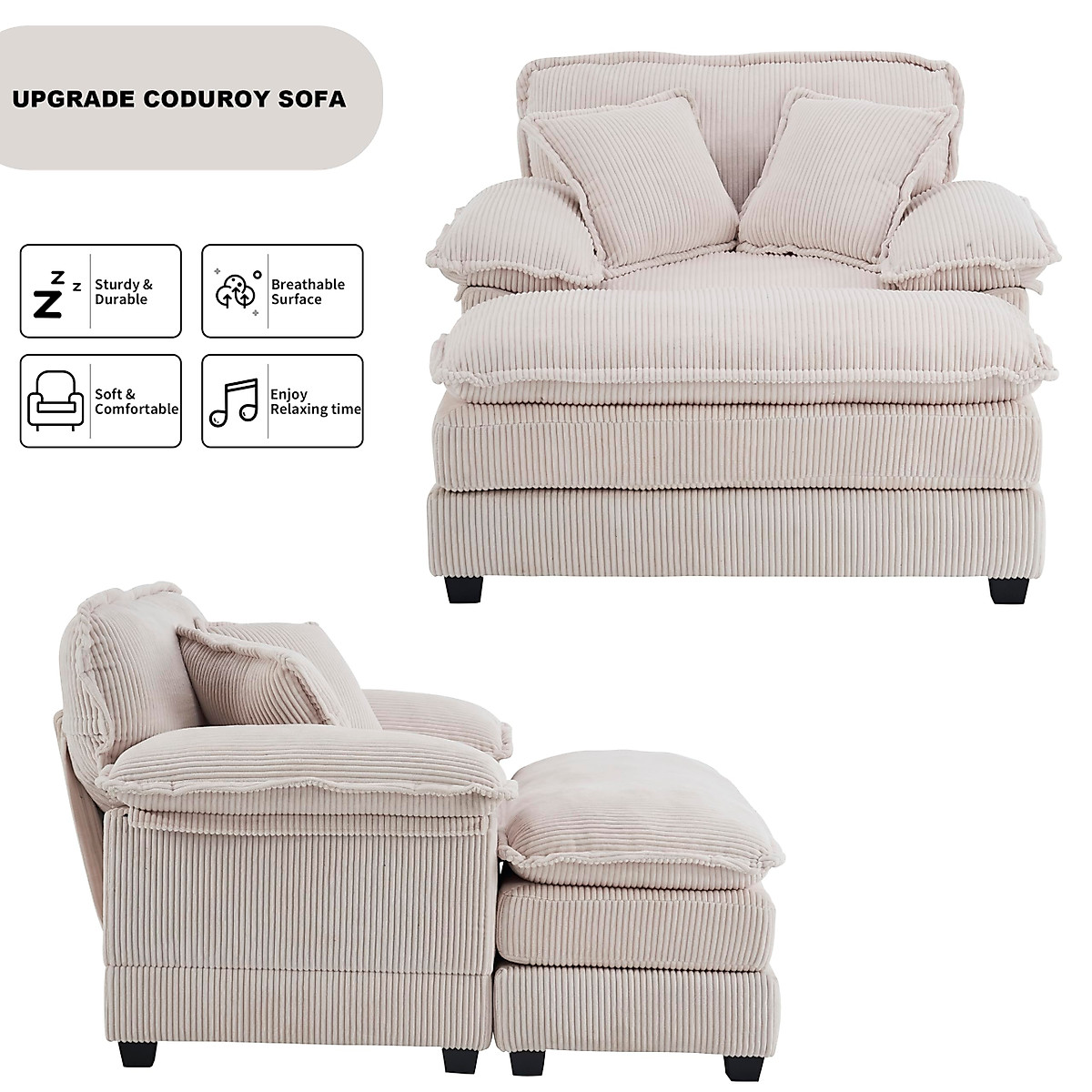 Corduroy Overstuffed Chaise Lounge Chair, Oversized 47" W Single Sofa Ottoman & Pillows,Comfy Deep Seat Cloud Sofa Couch for Living Room Bedroom Nursery (Cream White)