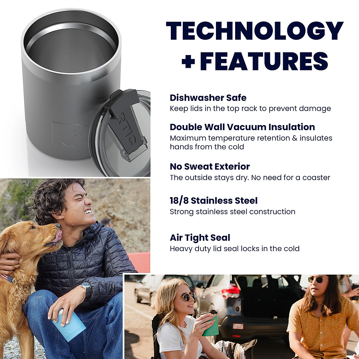 RTIC Lowball Tumbler with Splash Proof Lid, 12 oz, Navy, Insulated Travel Stainless Steel Coffee Mug, Sweat Proof, Keeps Hot & Cold Longer