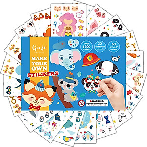 Gooji DIY Make Your Own Stickers for Kids, 60 Sheets Over 1,200 Stickers, 20 Funny Characters and Animals, Customizable Faces with Accessories, Reusable for Party Favors or Arts and Crafts Projects