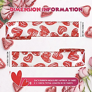2 Roll 20 Yards Valentine Wired Ribbon Valentines Ribbons Valentines Day Glitter Love Heart Pattern Satin Fabric Ribbons for Valentine Gift Wrap DIY Crafts Wedding Birthday Party Decoration 1.5 Inch
