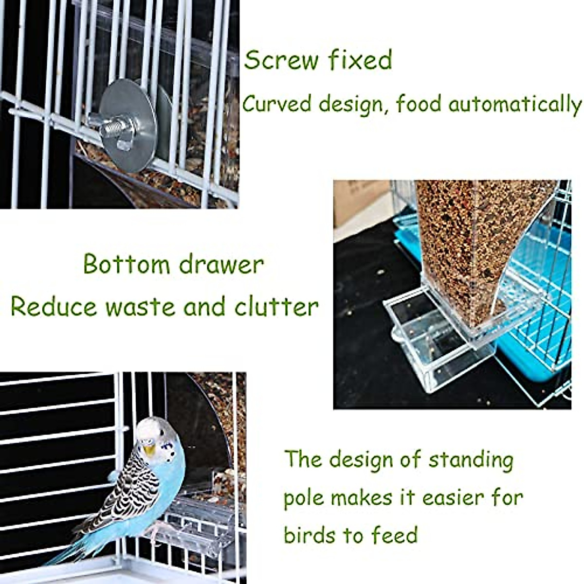 Kathson No-Mess Bird Cage Feeder Automatic Parrot Feeders Seeds Container Acrylic Finch Foraging Feeders Parakeet Food Dispenser Cage Accessories for Small Birds Canary Budgie Lovebirds