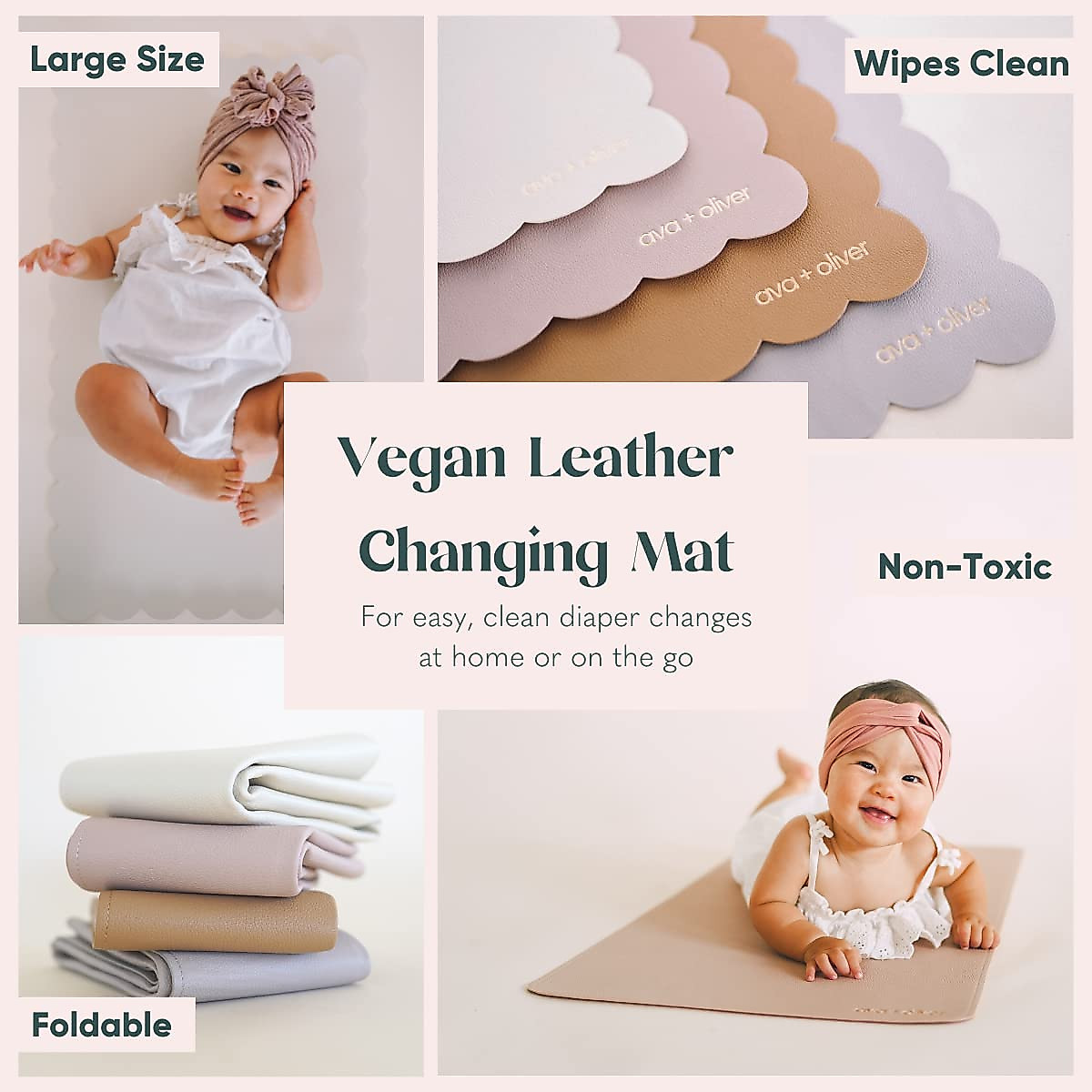 Ava + Oliver Vegan Leather Baby Changing Mat (16 X 30 in) - Multipurpose Wipeable and Portable Diaper Changing Mat - Foldable Travel Changing Mat (Tan Scallop)