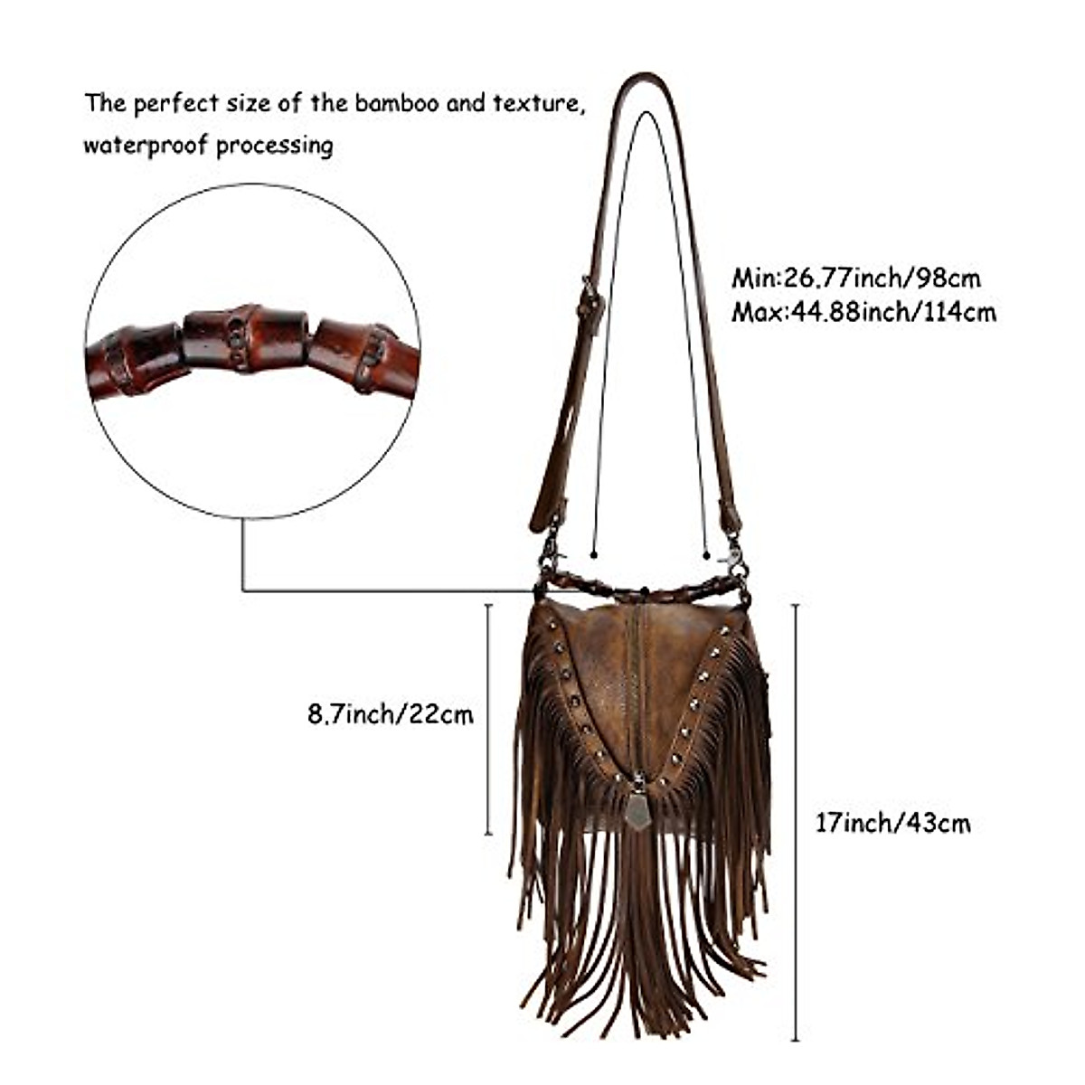 ZLYC Women's Leather Bamboo Hand Strap Featured Fringe Bohemian Tassel Studed Cross Body Bag (Brown)