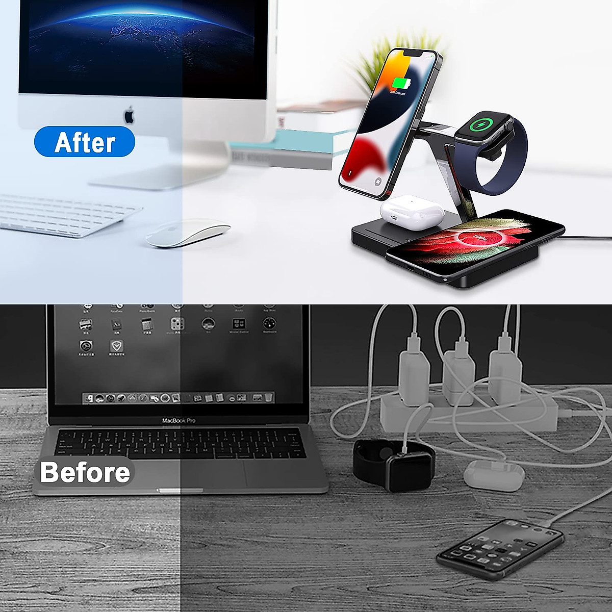 Magnetic Wireless Charging Station for Magsafe Charger Stand 4 in 1 Fast Wireless Charging with 36W Adapter for iPhone 14/13/12 /Mini/Pro/Pro Max,AirPods Pro/2,Apple iWatch,Two Phone Charging