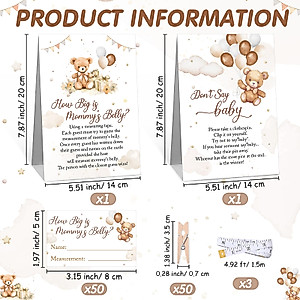 Suzile 105 Pcs Bear Theme Baby Shower Games Include How Big is Mommy's Belly Game Measure Mommy's Belly Sign Don't Say Baby Sign with 50 Mini Clothespins 50 Pcs Guessing Cards 3 Rolls Measuring Tape
