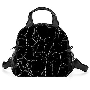 Hozojuw Marble Lunch Bag Black Marble Insulated Lunch Box Waterproof Lunch Tote with Shoulder Strap for Boy Girl Men Women (Black Marble)