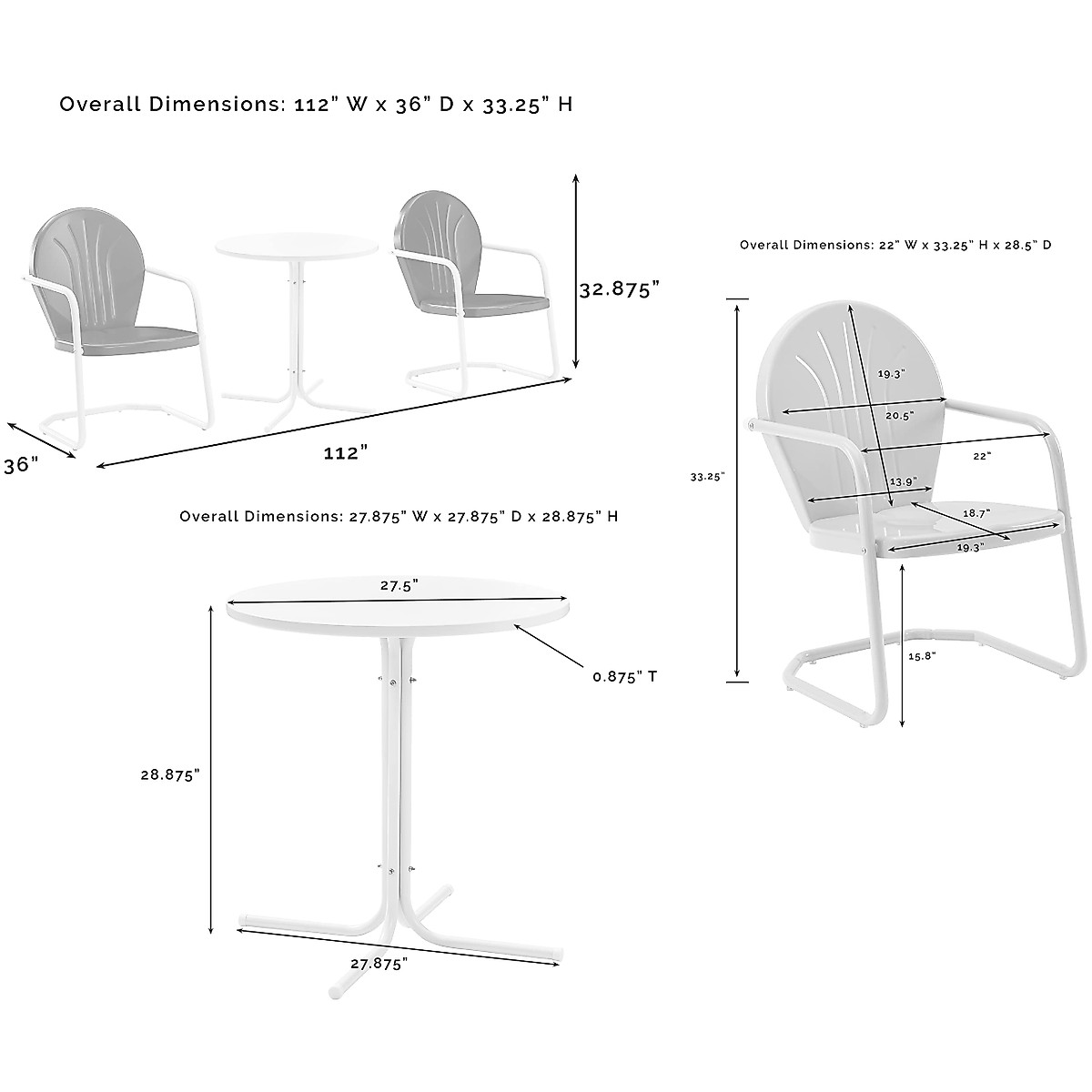 Crosley Furniture Griffith 3-Piece Outdoor Bistro Set, Retro Metal Patio Table and Chairs for Dining, Porch, Sky Blue Gloss and White Satin