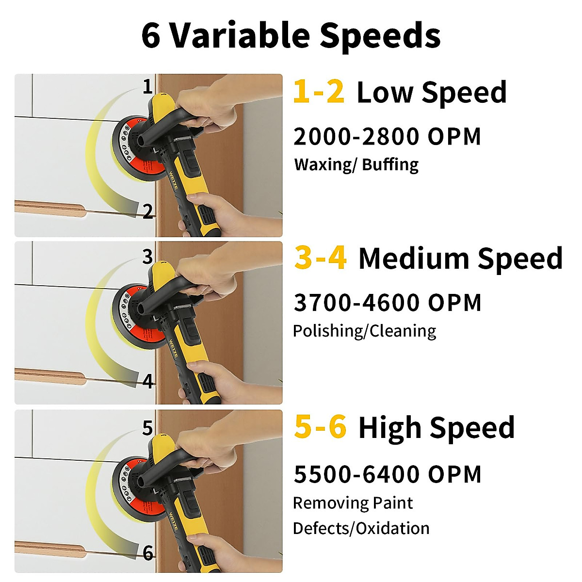 WEIZE Dual Action Polisher, 5 /6 Inch Random Orbital Buffer Polisher for Car Detailing, 2000-6400 OPM, 6 Variable Speed with Detachable Pads, Polishes & Compounds Kit Perfect for Boat, Car Polishing