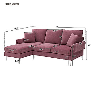 Voohek 84" Modern Convertible Sectional L-Shaped Sofa Couch with Reversible Chaise Lounge, 2 Pillows, Living Room, Small Apartment, Pink