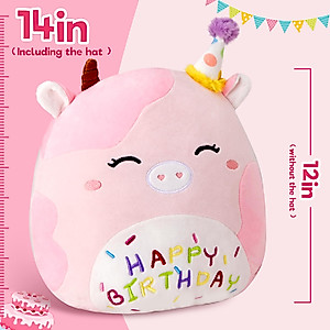 CozyWorld Light up Musical Happy Birthday Cow Plush Pillow,LED Stuffed Animals,Pink Cow Glowing Singing Plush Toy,Cute Plushie Doll Birthday Gift for Toddler Boys Girls,14''