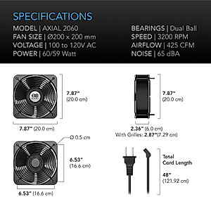 AC Infinity AXIAL 2060, Muffin Fan, 120V AC 200mm x 200mm x 60mm High Speed, for DIY Cooling Ventilation Exhaust Projects