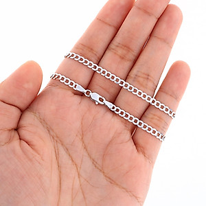 Nuragold 10k White Gold 3mm Solid Cuban Link Chain Curb Pendant Necklace, Mens Womens Jewelry 16" 18" 20" 22" 24" 26" 28" 30"