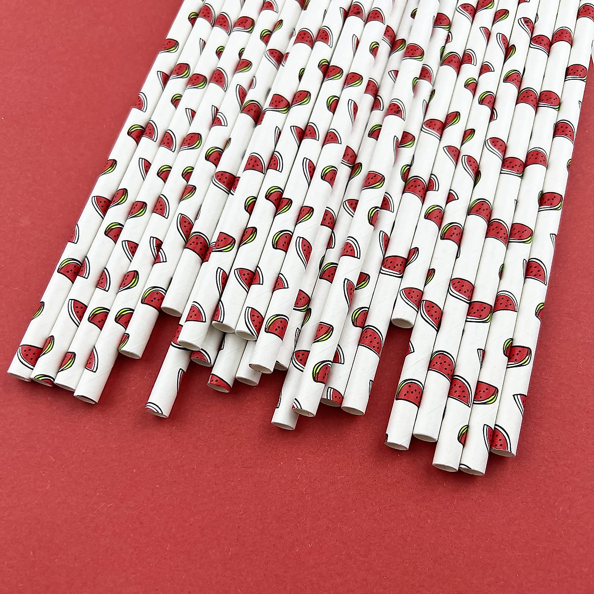 YAOSHENG Premium Disposable Drinking Fruit Paper Straws, Pack 100 Watermelon Paper Straws for Cocktail Party Supplies,Birthday,Bridal/Baby Shower,Juice,Shakes (Watermelon)