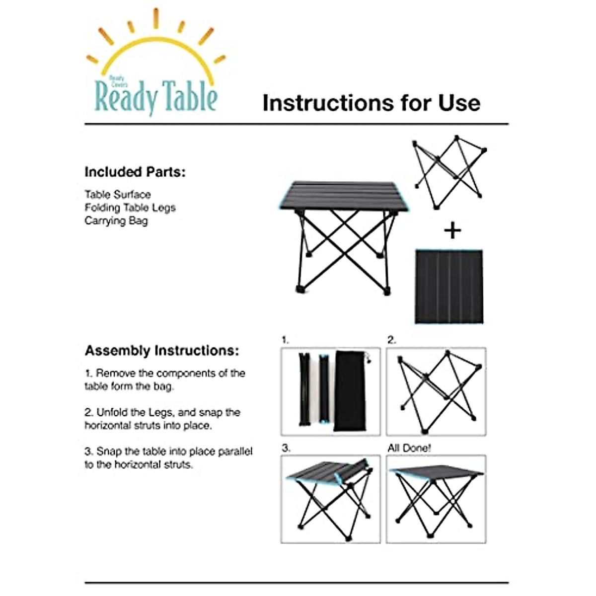 Ready Table Small Lightweight Portable Outdoor Folding Table w/Aluminum Hard Top. Useful for Beaches, Boating, Camping & More. 16x11 Portable Table w/Bag Makes for Easy Travel & Quick Setup.