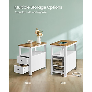 VASAGLE Side Table with Charging Station, Narrow Nightstand with 2 Drawers, Living Room End Table with Storage, for Small Spaces, Coastal Style, Rustic Walnut and Classic White ULET322T14