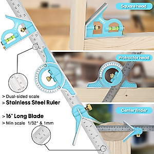 SHALL Rafter Square & Combination Square Tool Set, 7 Inch Aluminium-Alloy Carpenter Square & 16 Inch Zinc-Alloy Woodworking Framing Square Combo w/Stainless Steel Ruler, 2 Carpentry Pencils, Scriber