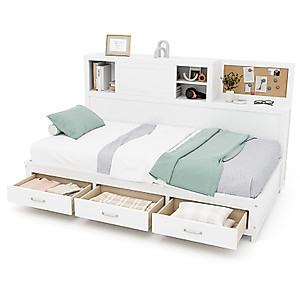 Giantex Twin Daybed with 3 Storage Drawers, Wood Day Bed with Storage Shelves, Cork Board & Sliding Door, Daybed Frame for Kids Adults Guests, No Box Spring Needed, Daybed with Storage, White
