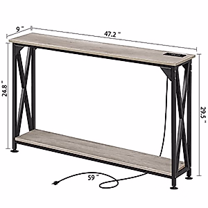 DANSION 2 Tiers Console Sofa Table with Power Outlet, Industrial Entryway Table with Open Storage Shelf, Accent Side Table with LED Strip Lights for Hallway Living Room, X-Shaped Metal Frame Support