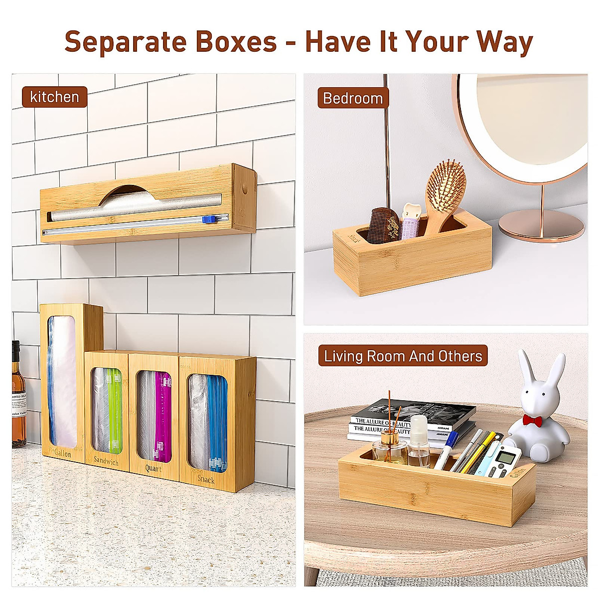 Delamu Ziplock Bag Organizer - 5 Separate Plastic Bag Organizers for Kitchen Drawer - Foil and Plastic Wrap Dispenser with Cutter 12" Roll, Baggie Organizer for Gallon, Quart, Snack, Sandwich Bags