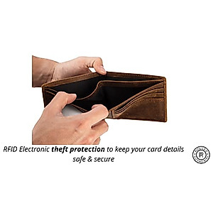 Rugged Authority Brown Mens Leather Bifold Wallet with RFID Blocking Theft Protection, 5 card wallet slots & ID Window. Slim minimalist, distressed leather wallets for men.