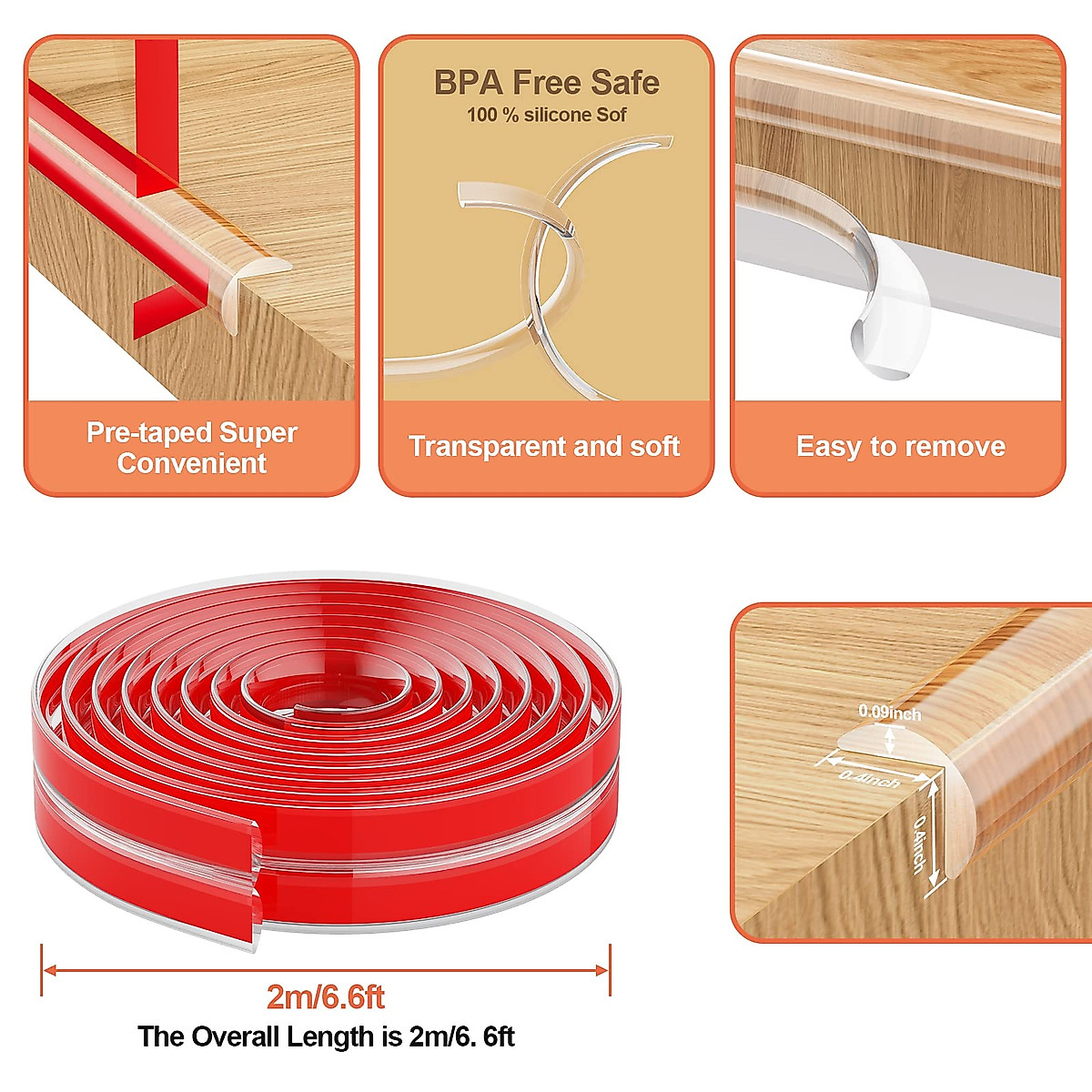 Baby Proofing, Silicone Soft Corner Protectors with Upgraded Pre-Taped Strong Adhesive, 6.6ft Edge Protectors for Sharp Corners of Cabinets, Tables, Drawers (0.4×0.4in Width)