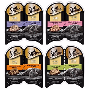 Sheba Wet Cat Food Perfect Portions Pate & Cuts in Gravy Variety Pack - All Flavors, Beef, Chicken, Salmon, Turkey, Tuna, White Fish, Mixed Grill - (12 Pack 24 Servings) with 2 Mouse Cat Toys