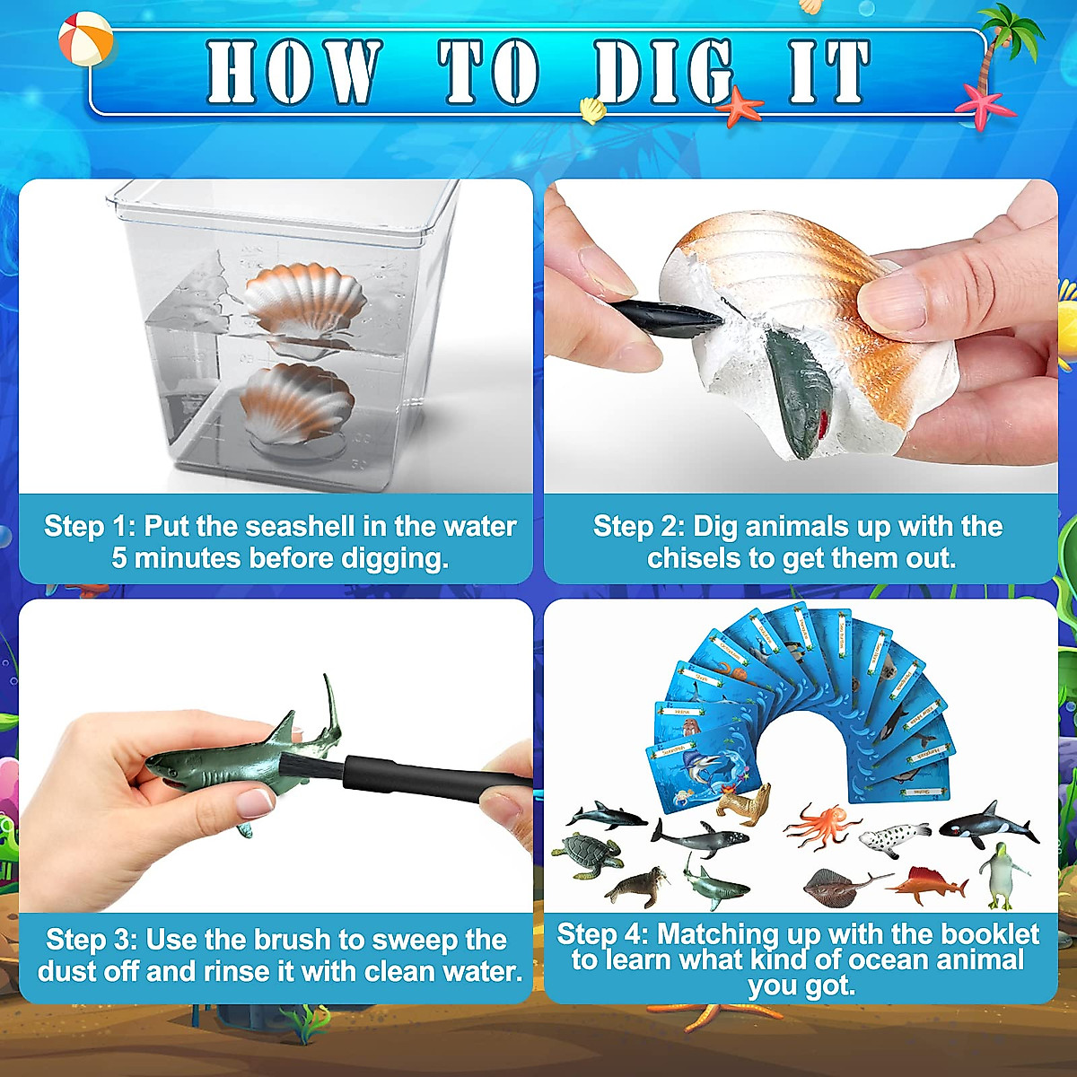 EARTH'SCODE Ocean Animals Dig Kit, Seashell Excavation Dig Bricks, Science Educational Gift for Kids