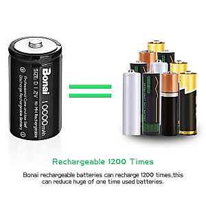 BONAI LCD Universal Battery Charger for AA, AAA, C, D, 9V Ni-MH Ni-CD Rechargeable Batteries with Rechargeable D Cells 10,000mAh 1.2V Ni-MH High Capacity High Rate D Size Battery (4-Counts)