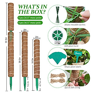 Moss Pole for Plants Monstera 111 Inch, 3 Pcs 20.5 Inch and 3 Pcs 16.5 Inch Moss Poles for Climbing Plants, Coco Coir Pole Plant Support Stakes for Indoor Climbing Plants Grow Upwards, Garden Ties Kit