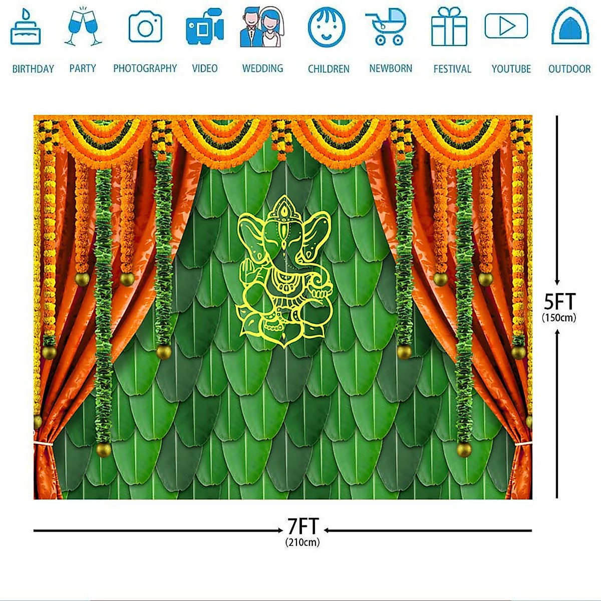 Ticuenicoa 7x5ft India Pooja Traditional Photography Backdrop Banana Leaf Green Chatiya Ganesh Background Puja Ganpati Pooja Mehndi backdrops Decorations Wedding Party Marigold Garlands Photo Props