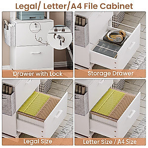Itaar 2 Drawer File Cabinet, Filing Cabinet with Lock fits Letter, Legal, A4 Size, File Cabinets for Home Office with Storage Bag, Open Shelf and Hook, White