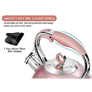 Tea Kettle - HIHUOS Whistling Tea Pots for Stove Top - Sleek 18/8 Stainless Steel Stovetop Kettle, Easy-grip Handle With Trigger Opening Mechanism, 1 Free Silicone Pinch Mitt Included (Pink 2.64QT)