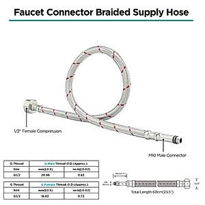 23.5-Inch Bathroom Kitchen Faucet Connector Braided Stainless Steel Supply Hose G1/2'' Female Compression Thread x M10 Male Connector Faucet Supply Line 2 Pcs(1 pair)