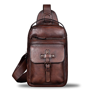 Genuine Leather Sling Bag Chest Shoulder Fanny Bag Hiking Backpack Vintage Handmade Crossbody Daypack (Coffee)