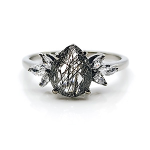 Rings For Women Natural Black Rutilated Ring Quartz Salt And Pepper Diamond Ring-Pear Shaped Ring, Gift Beautiful Wedding BY FOREVER GEMS & JEWELS, Rose Gold,White,Silver