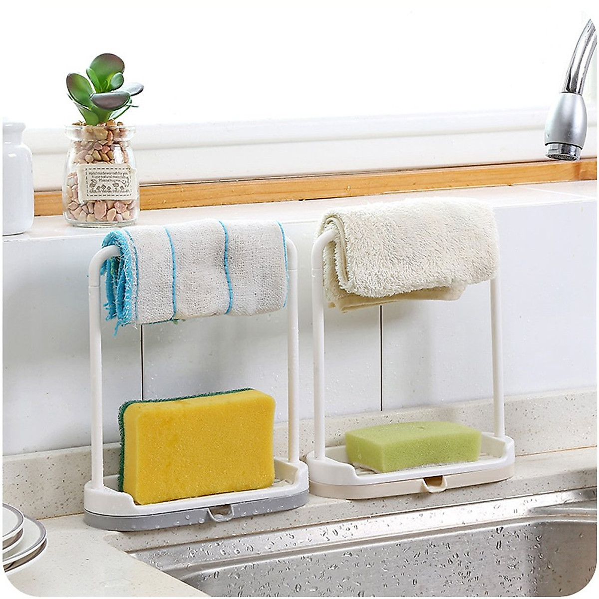 BESTONZON Rag Soap Rack Plastic Countertop Organizer Rack Removable Dishcloth and Sponge Drying Rack (Grey)