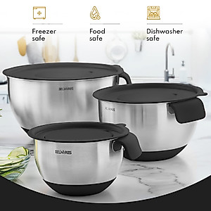 Belwares Mixing Bowls with Lids Set - Nesting Bowls with Graters, Handle, Pour Spout, Airtight Lids - Stainless Steel Non-Slip Mixing Bowl for Cooking, Baking, Prepping, Food Storage (Set of 3)