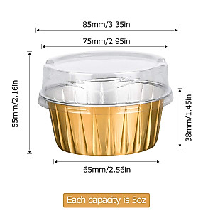 Disposable Ramekins with Lids, 25 Pack/ 5 oz Gold Aluminum Foil Dessert Baking Cups, Reusable Cupcake Liners Pudding Cups for Wedding, Christmas, Kitchen, Party, Various Holiday Parties