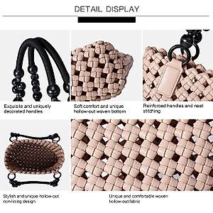 Queenoris Woven Tote Bags for Women, Large Hollow-out Vegan Leather Fashion Top-handle Purse Shopper Bag Travel Bag (Apricot)