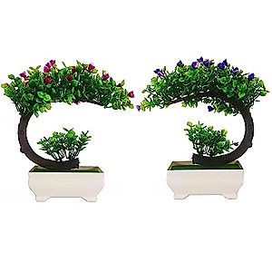 Artificial Bonsai Faux Potted Plant Fake Flower Blossom Tree for Home Living Room Office Desktop Decor(Set of 2) (color2)
