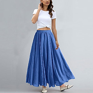 ASHER FASHION Women's Bohemian Style Elastic Waist Band Cotton Linen Long Maxi Skirt Dress (85CM, Denim Blue)