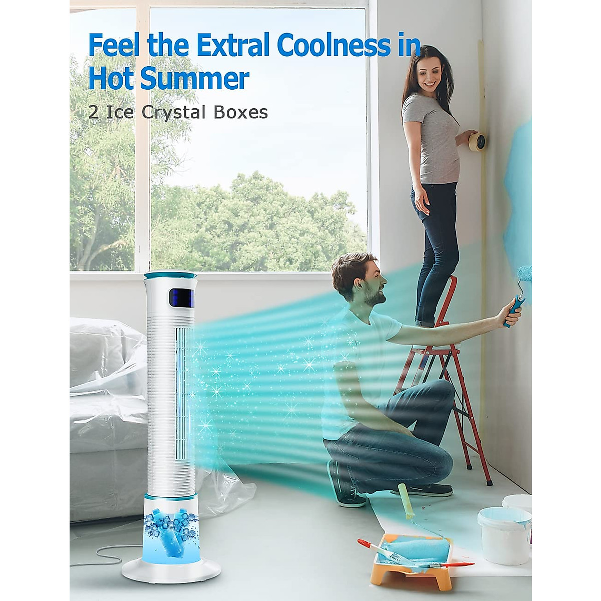 Evaporative Cooler - BREEZEWELL 2 IN 1 Portable Air Cooler, 70°Oscillating Evaporative Cooling Fan, Remote Control w/4 Modes & 3 Speeds, 15H Quiet Timer, Air Conditioner Portable for Room Office, 43IN