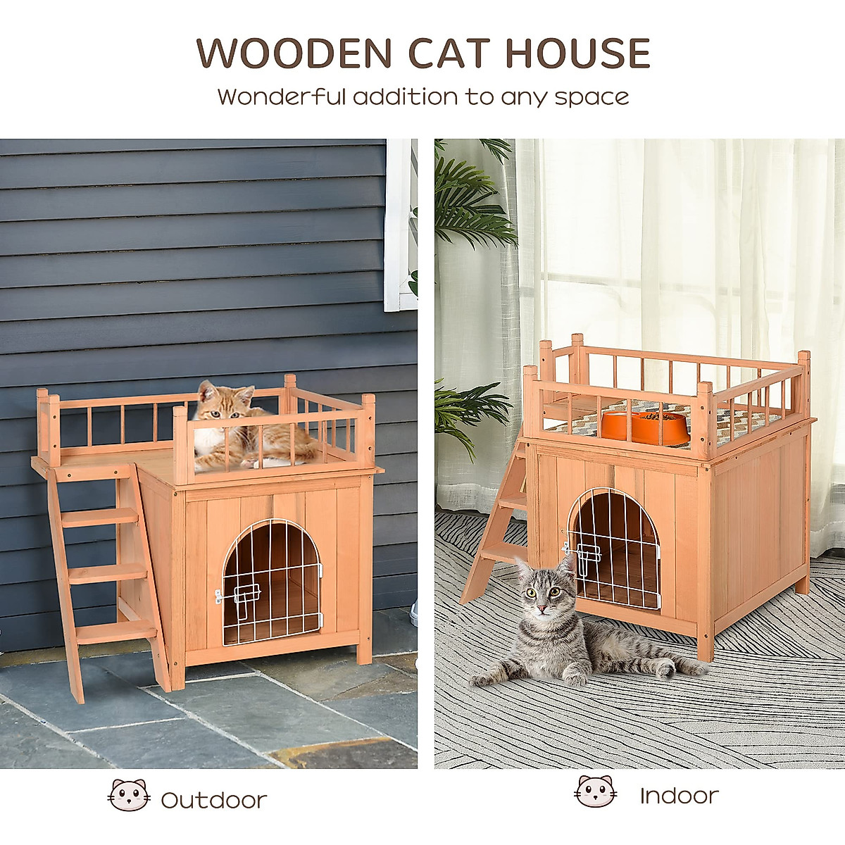 PawHut 2-Level Elevated Waterproof Outdoor Wooden Treehouse Cat Shelter With Balcoy