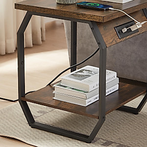 CANJUXK Side Tables with Charging Station, Set of 2 End Tables with USB Ports and Outlets, Nightstands for Living Room, Bedroom, Plug-in Series, Rustic Brown